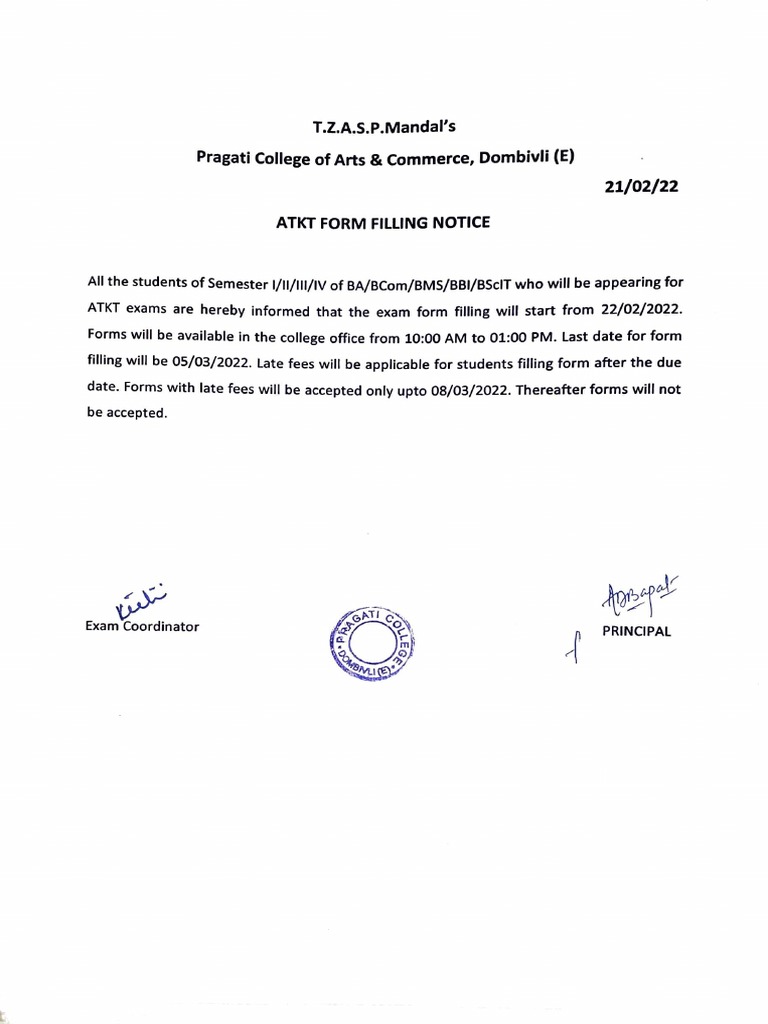 Atkt Form Filling Notice | PDF