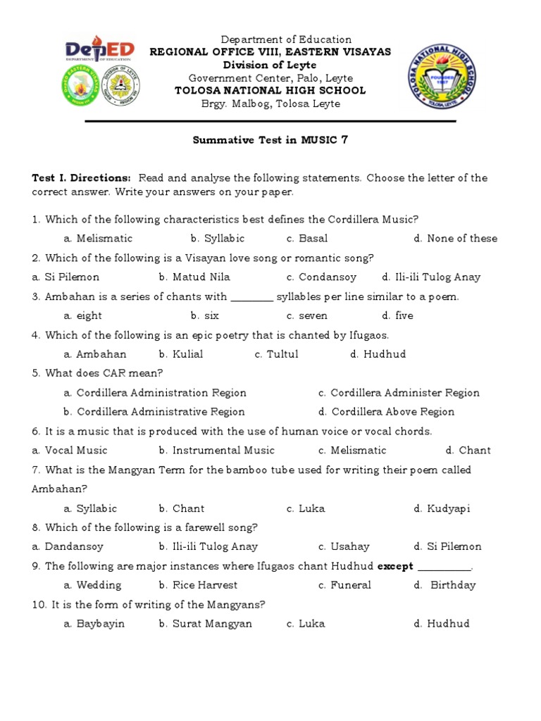 MAPEH 7 2nd Quarter Summative Test | PDF