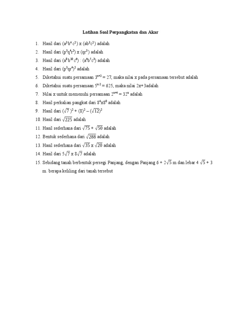 Latihan Soal Perpangkatan Dan Akar | PDF | Metode & Bahan Ajar
