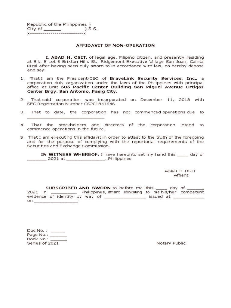 Affidavit of No Operation | PDF