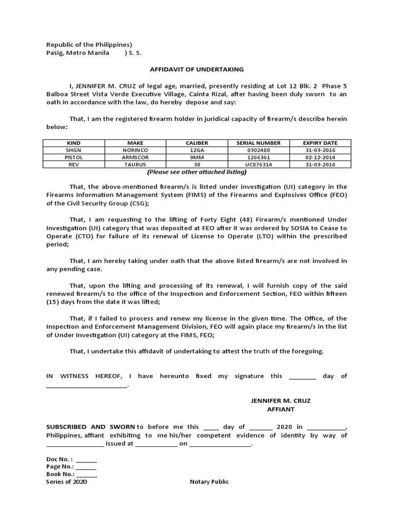 Affidavit of Undertaking | PDF | Affidavit | Common Law