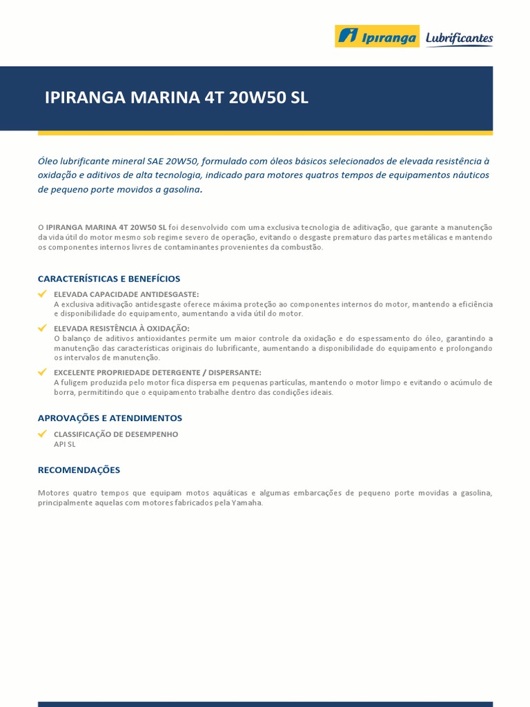 Ipiranga Marina 4T 20W50 SL - 150716 | PDF | Óleo de motor | Materiais