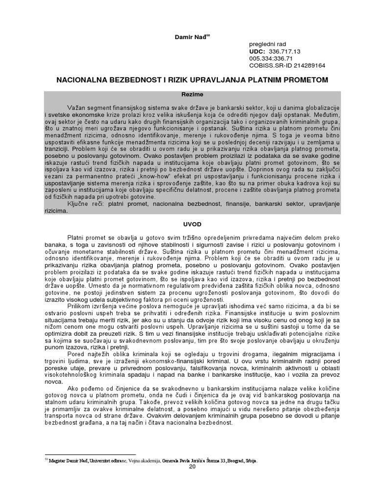 Nacionalna Bezbednost I Rizik Upravljanja Platnim Prometom | PDF