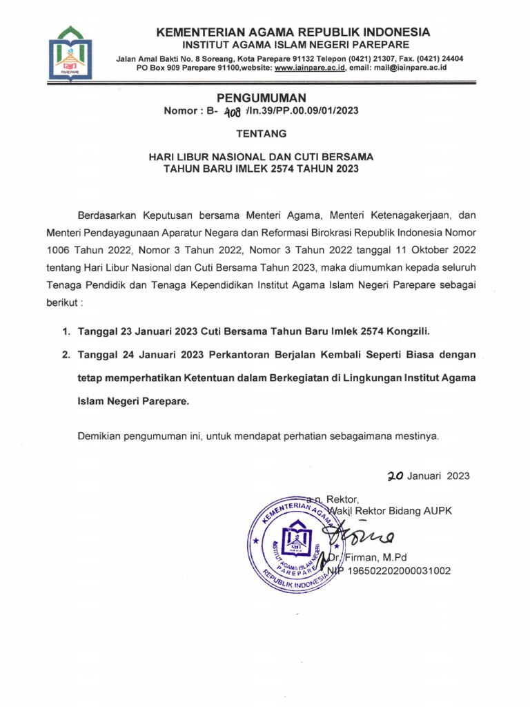 Pengumuman Cuti Bersama | PDF