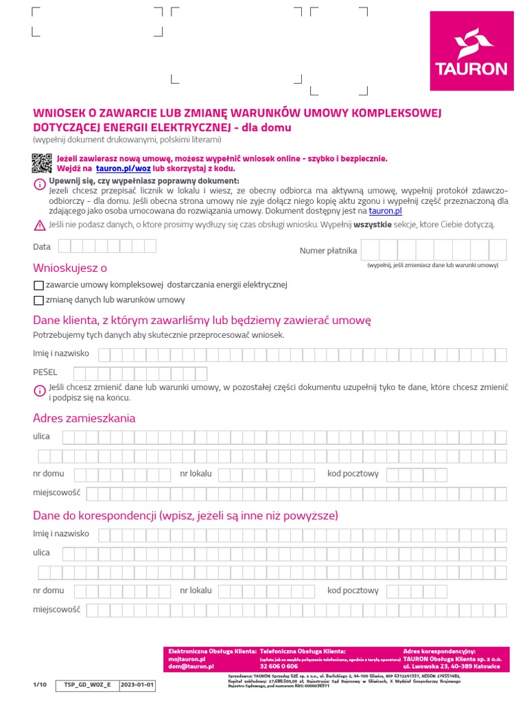 TSP GD WOZ Wniosek o Zawarcie Umowy E | PDF