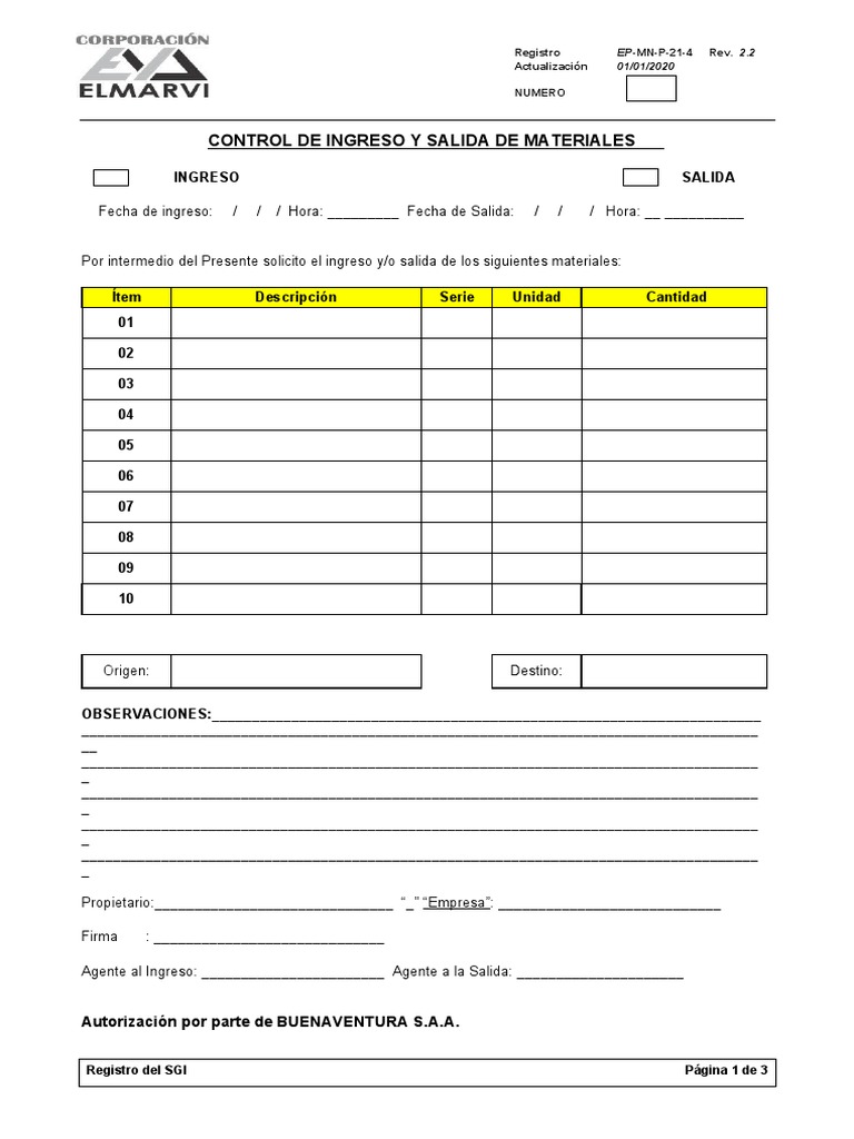 Control de Ingreso y Salida de Materiales | PDF