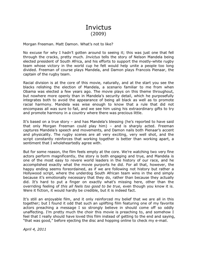 Invictus Movie Summary And Analysis