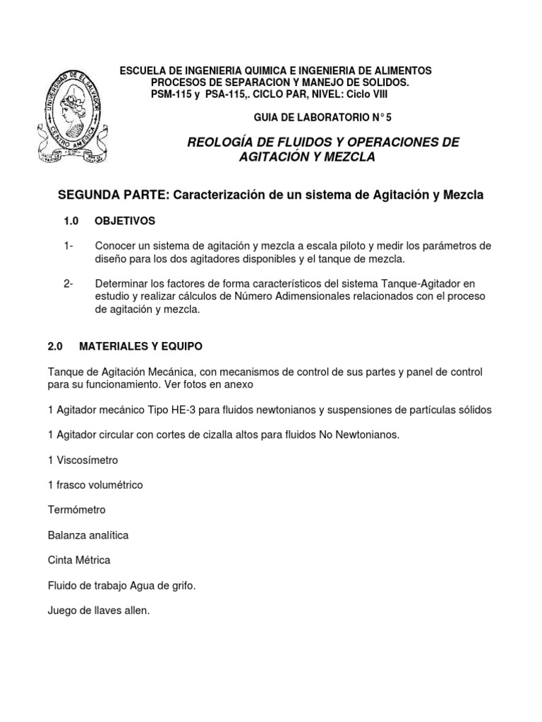 PSM-PSA-GUIA LAB 5-2A Parte - OPERACIONES DE AGITACION Y MEZCLA 2022 | PDF | Viscosidad | Líquidos
