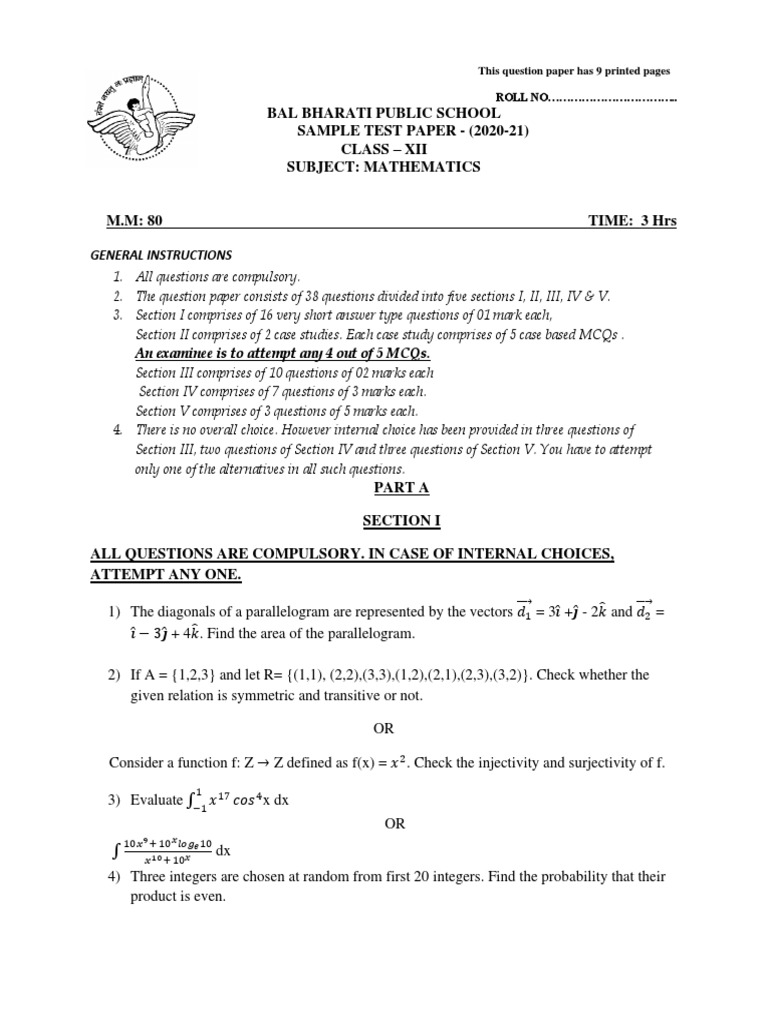 Class Xii Maths Sample Test Paper Pdf Plane Geometry Line 3012