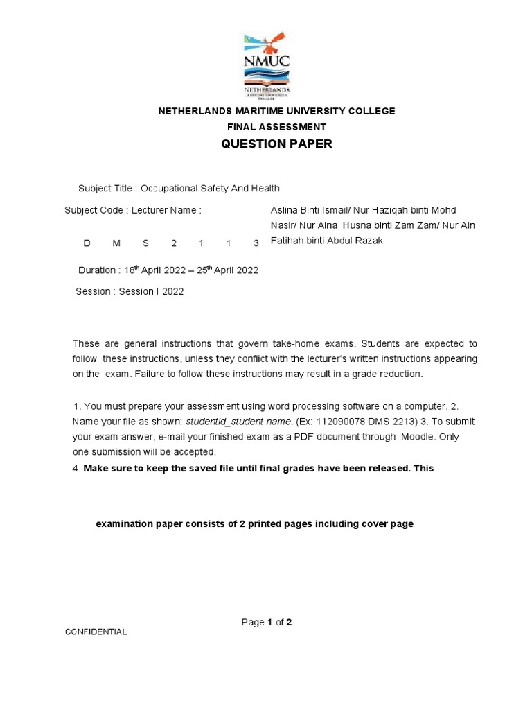 Question Paper: Netherlands Maritime University College Final ...