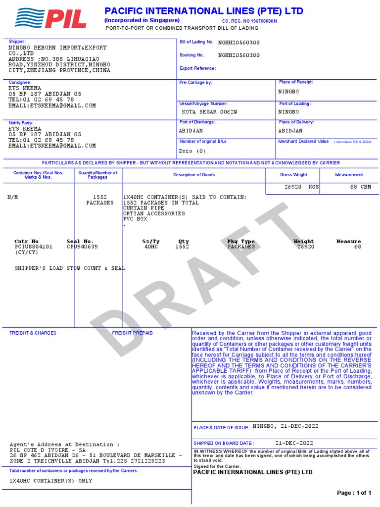 (Incorporated in Singapore) : Port-To-Port or Combined Transport Bill ...