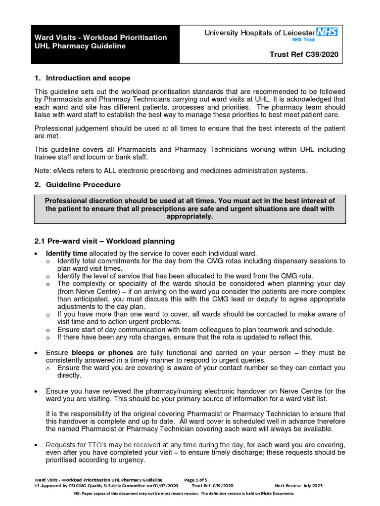 UHL Pharmacy Ward Visit Guidelines | PDF | Pharmacy | Pharmacist