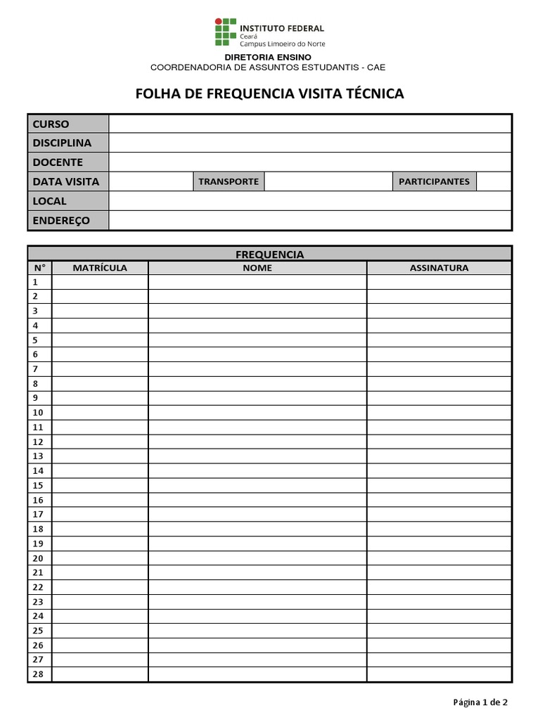 6 - Folha de Frequência - Editavel | PDF