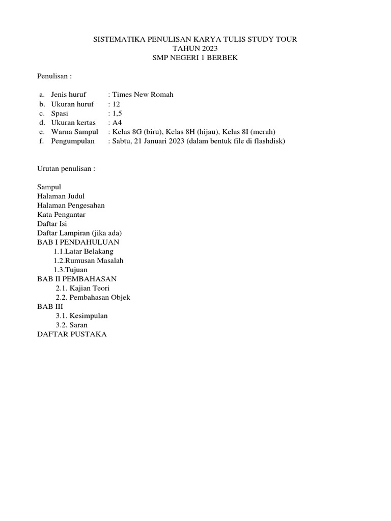 Sistematika Penulisan Karya Tulis Study Tour | PDF