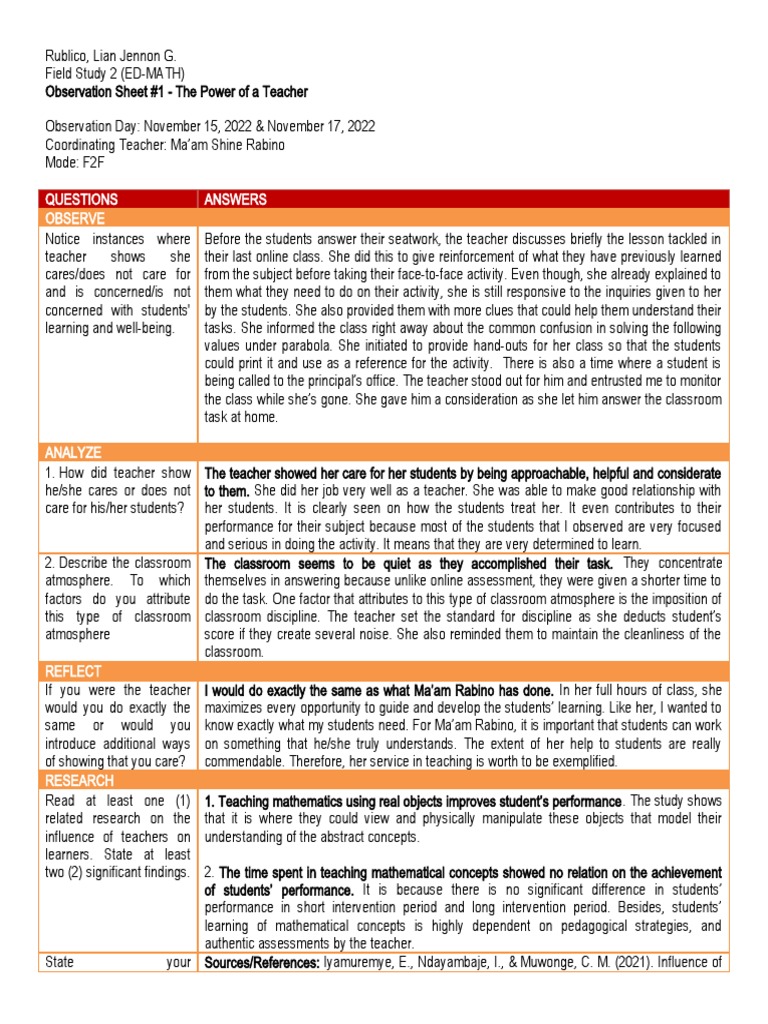 Observation Sheet #1 - Power of Teacher | PDF | Teaching Method | Classroom