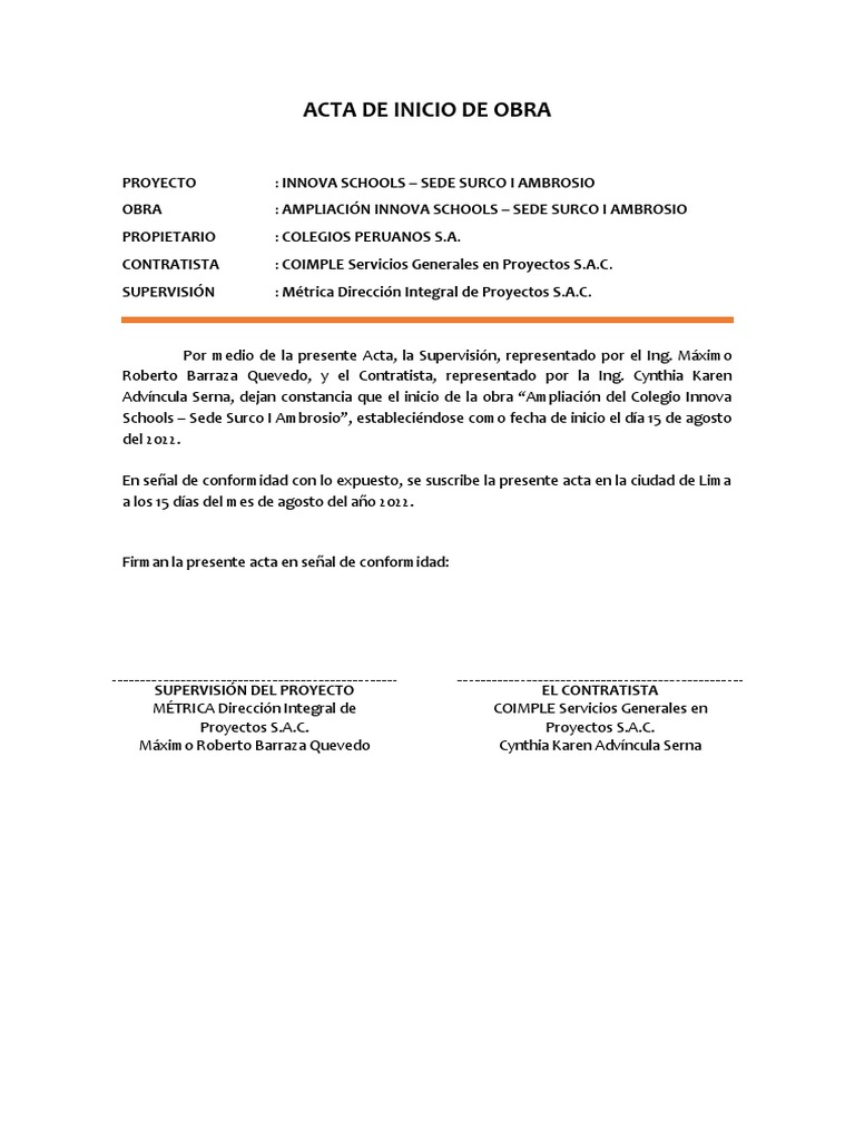 Acta de Inicio de Obra | PDF