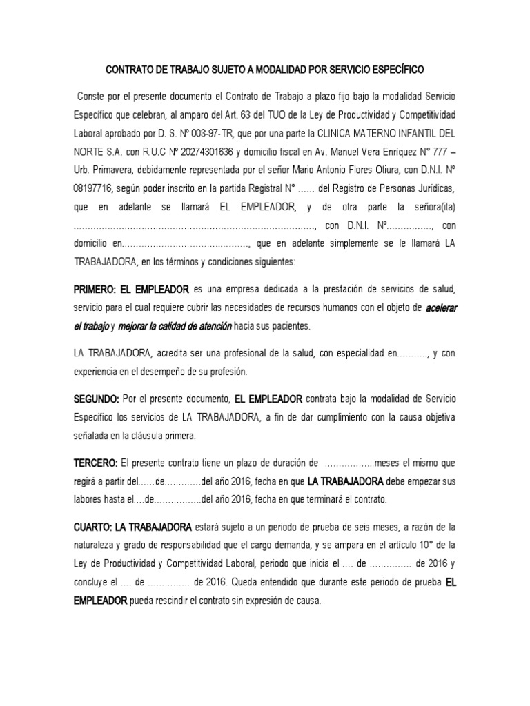 MODELO DE CONTRATO POR SERVICIO ESPECÍFICO | PDF | Derecho laboral | Justicia