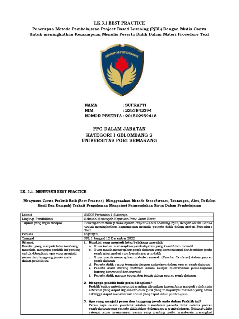 LK 3.1 Menyusun Best Practices - Suprapti | PDF | Karier & Perkembangan | Pengembangan Diri