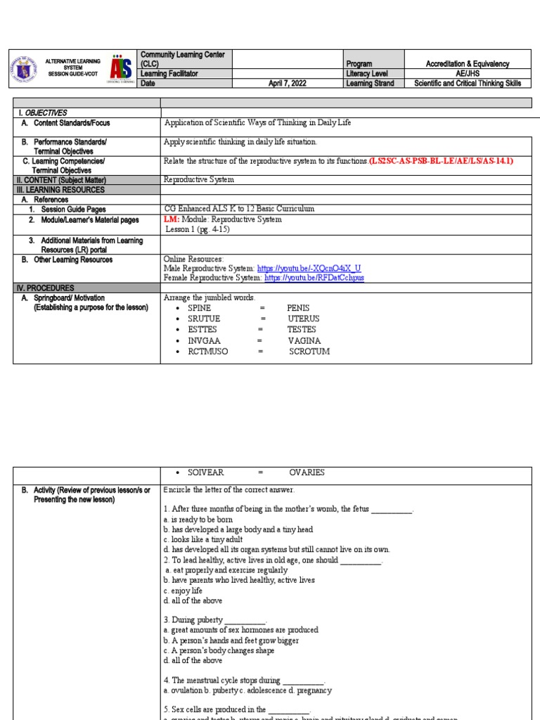 DLL Ls2 Reproductive System | PDF | Menstrual Cycle | Reproductive System
