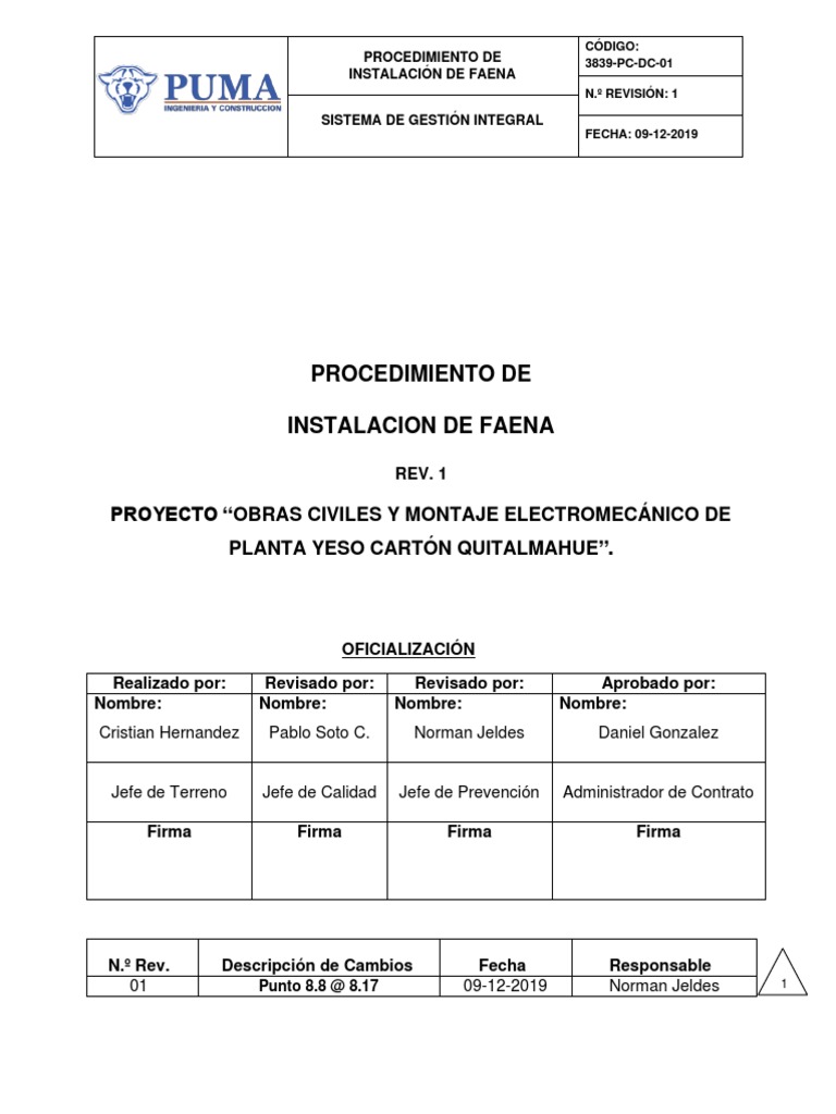 Procedimiento Instalacion de Faena Rev 1 | PDF | Residuos