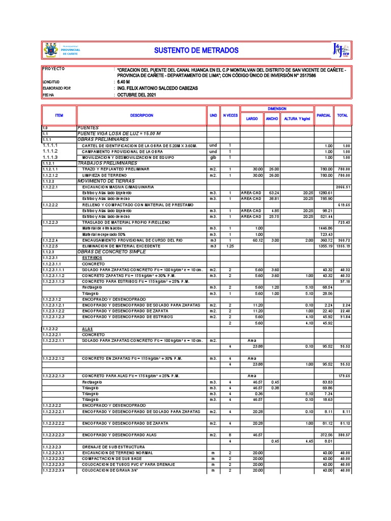 Metrados Puente | PDF | Materiales de construcción | Sectores Economicos