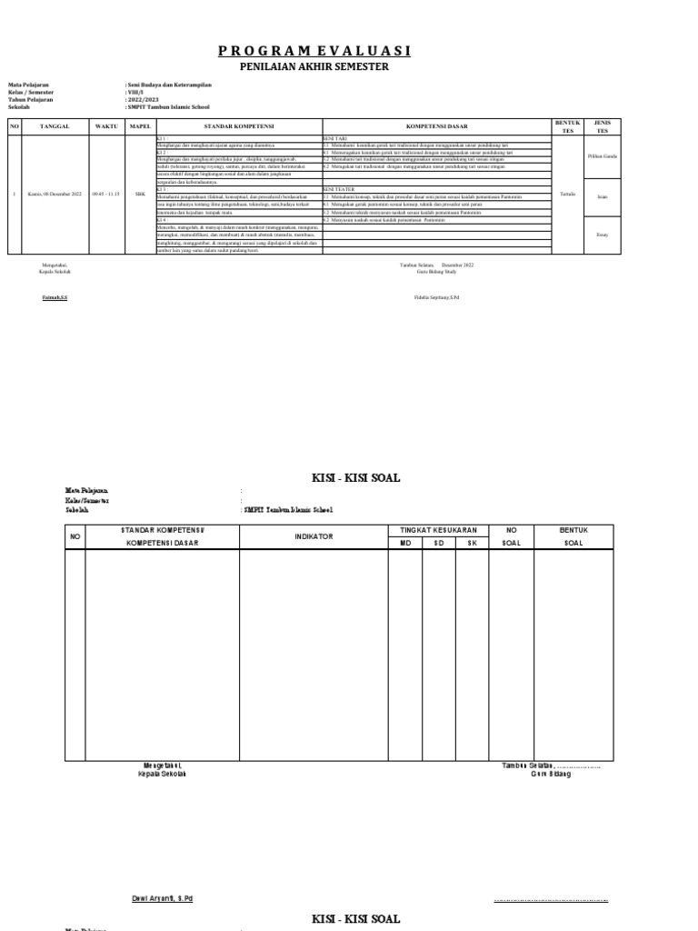 Program Evaluasi Pas SBK 8 | PDF