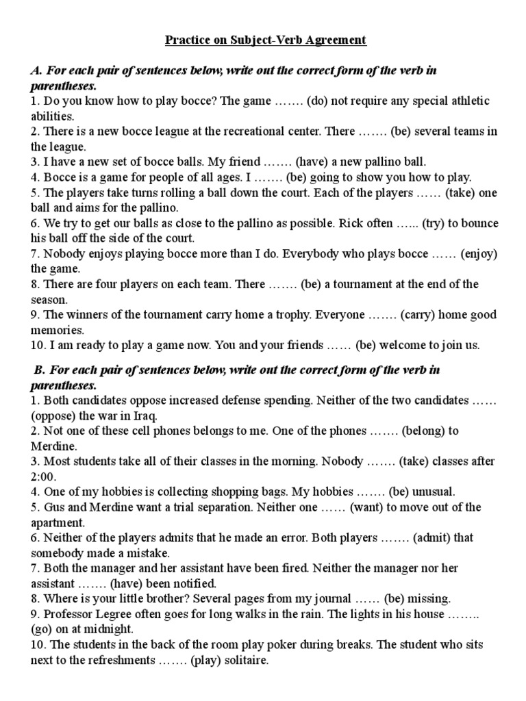 Practice On Subject-Verb Agreement Practice | PDF