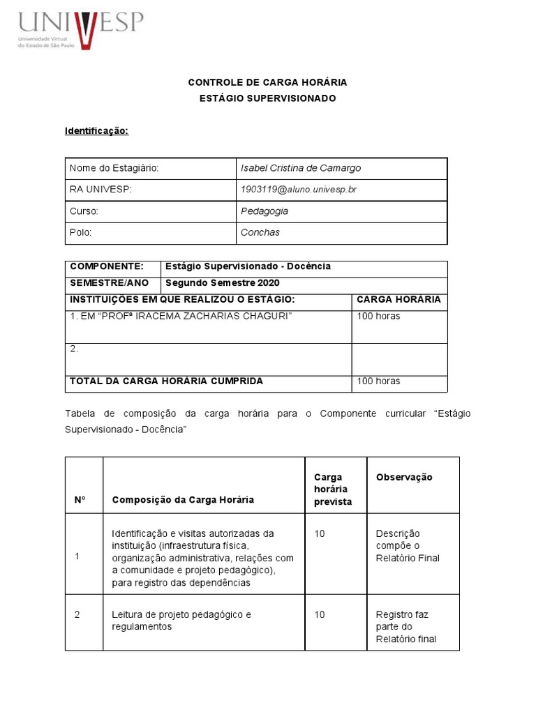 Controle De Carga Horaria Estagio Licenciaturas Docencia Pdf Pedagogia
