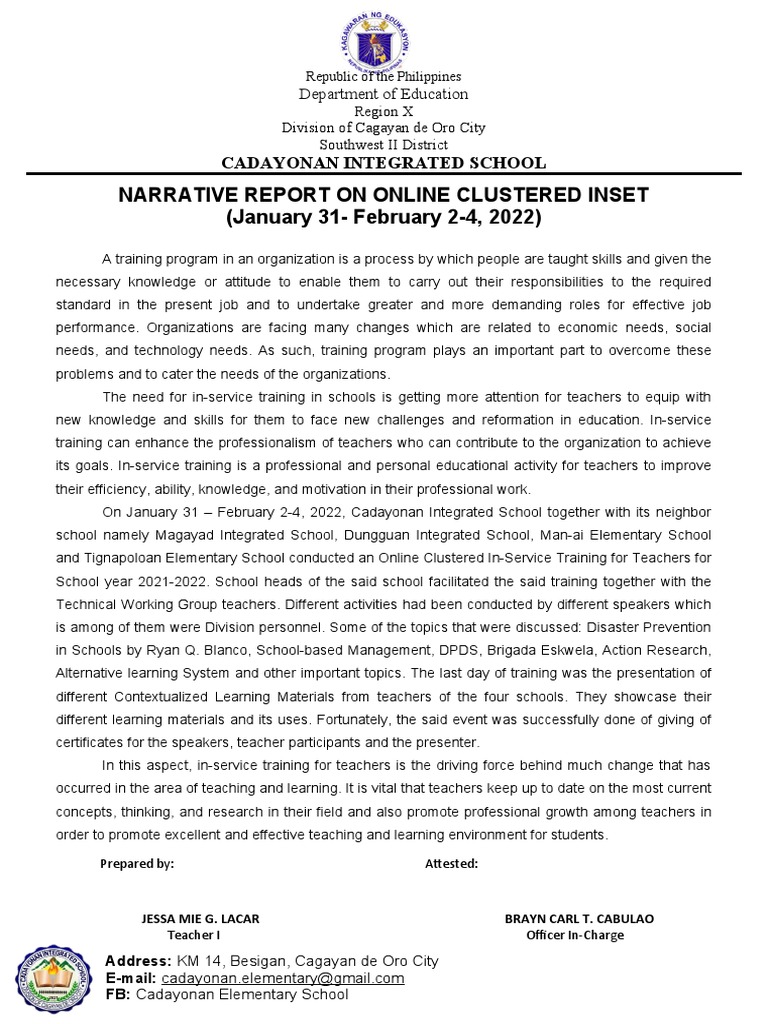 Narrative Report of Inset | PDF | Wash | Teachers