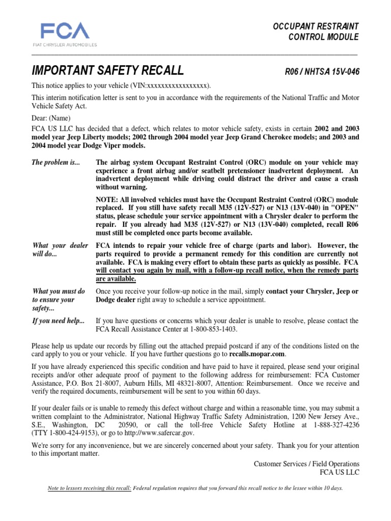 Important Safety Recall: Occupant Restraint Control Module | PDF ...