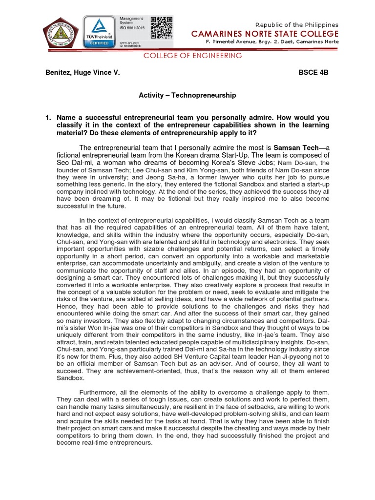 Benitez, Huge Vince V. - BSCE 4B (Activity - Technopreneurship) | PDF | Entrepreneurship ...