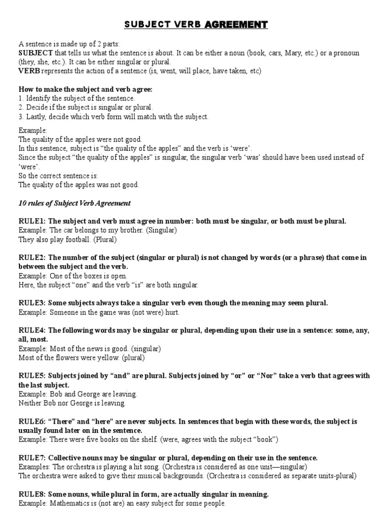 13 Rules of Subject-Verb Agreement | PDF | Grammatical Number | Subject ...