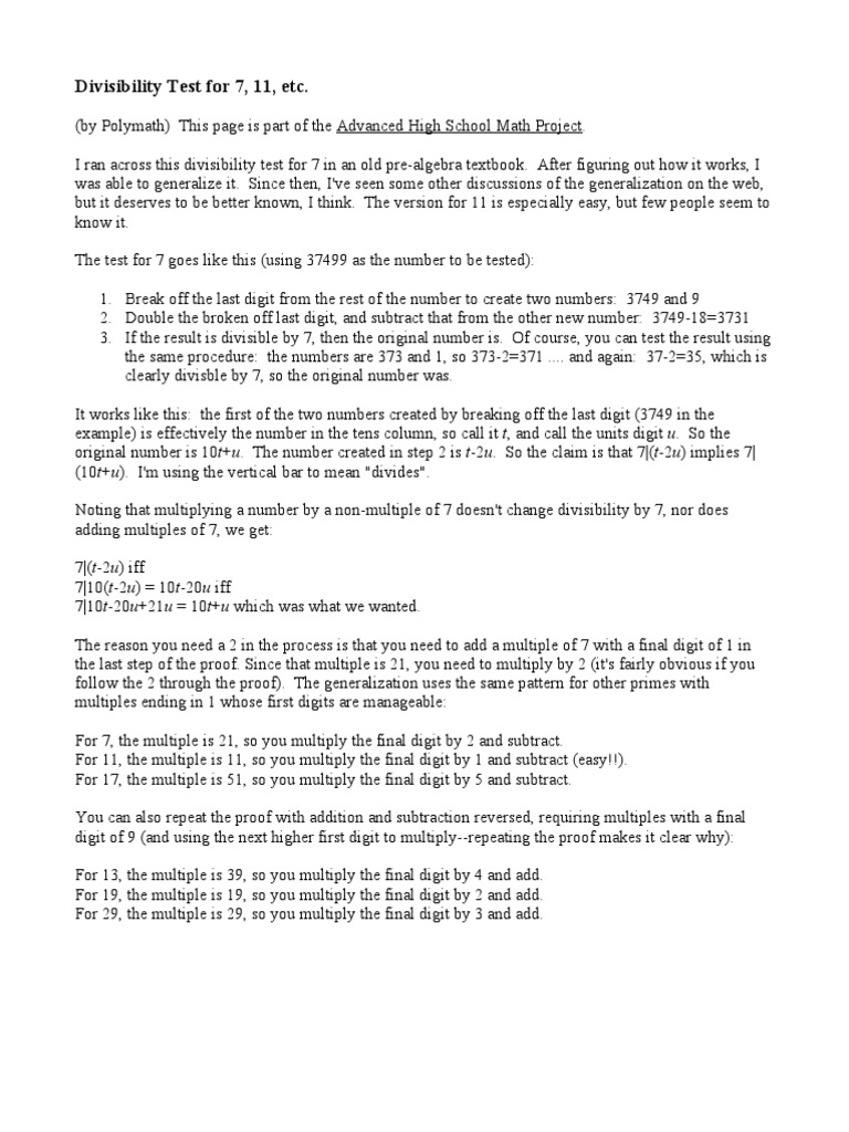 Divisibility Test For 7 | PDF | Multiplication | Elementary Mathematics