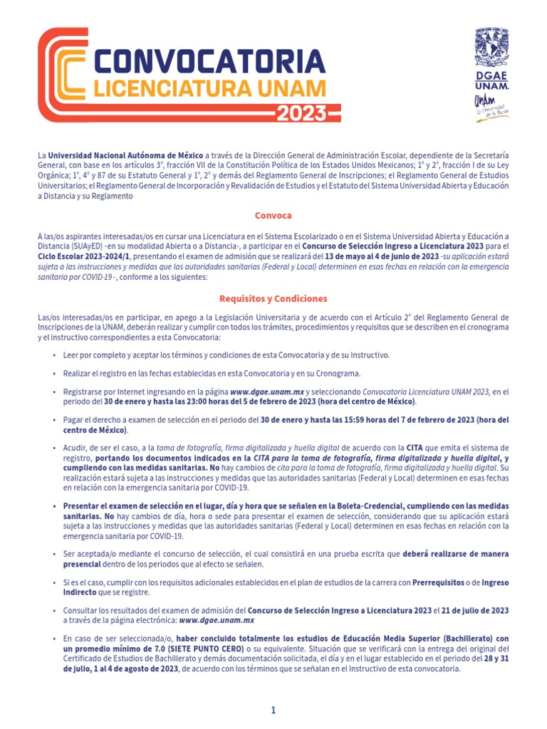 Convocatoria Licenciatura UNAM 2023 | PDF | México | Universidad