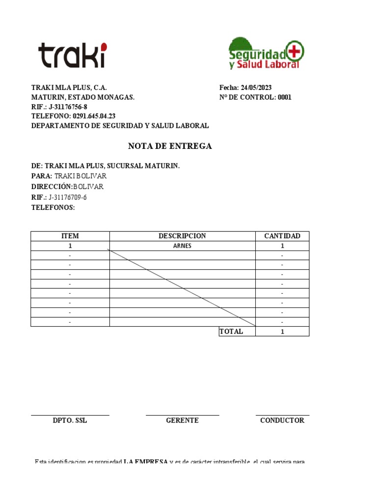 Nota de Entrega Traki MLA Plus | PDF