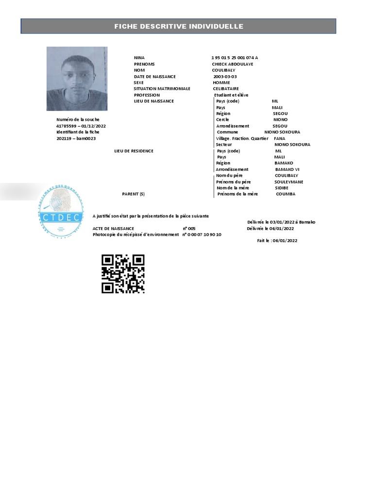 Fiche descriptive individuelle NINA 2023 | PDF