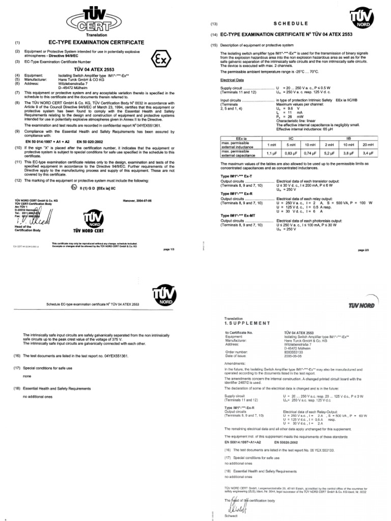 Certificate - TÜV 04 ATEX 2553 | PDF