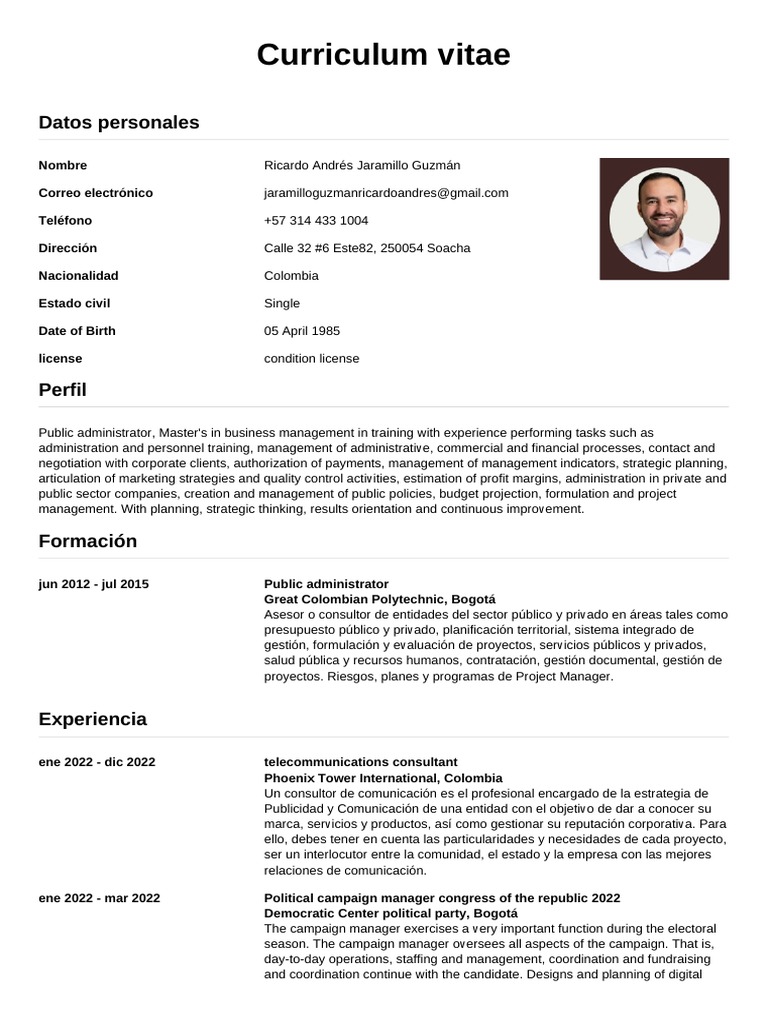 CV Ricardo Andrés Jaramillo Guzmán Español | PDF | Economias | Business