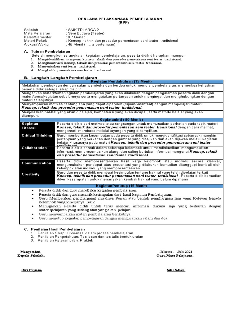 RPP 1 Lembar SBD-Teater - Semester 2 | PDF | Seni | Sains & Matematika