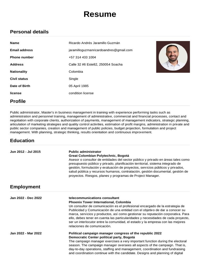 Resume Ricardo Andrés Jaramillo Guzmán Inglés | PDF | Business