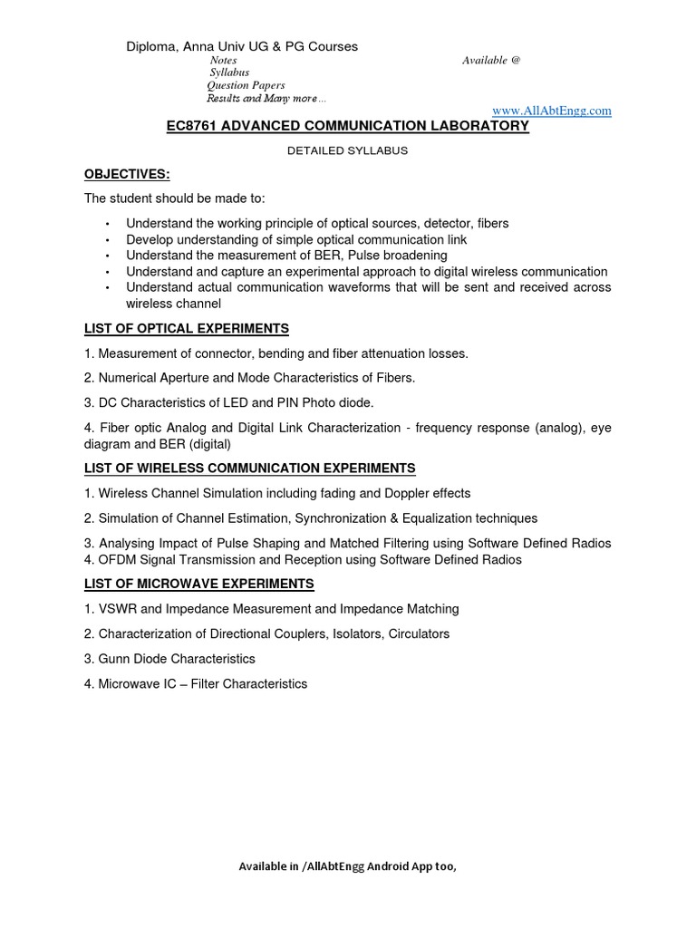 Ec8761 Advanced Communication Laboratory | PDF