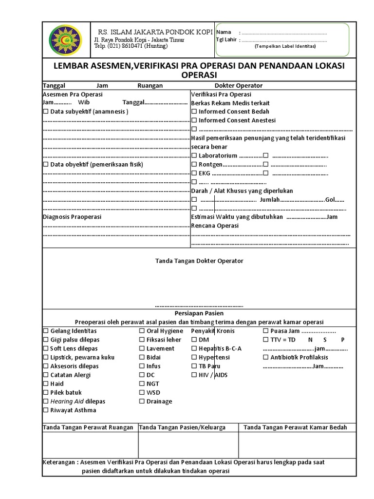 Asesmen dan Verifikasi Pra Operasi | PDF | Kesehatan Holistik
