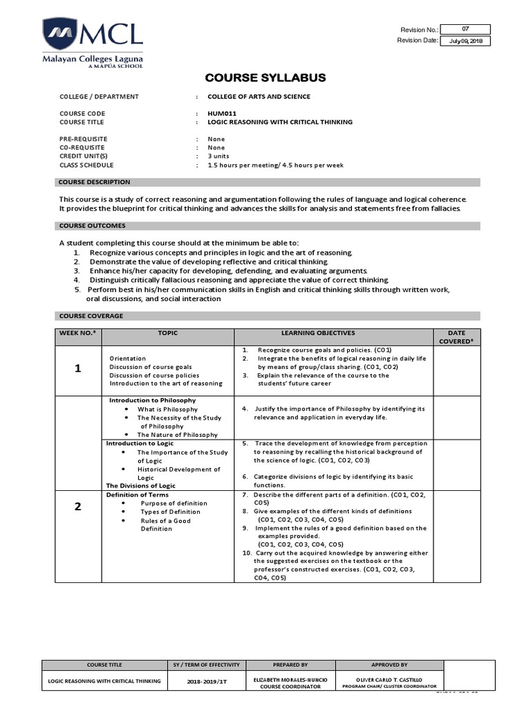 Logic Reasoning & Critical Thinking Syllabus | PDF | Deductive Reasoning | Fallacy