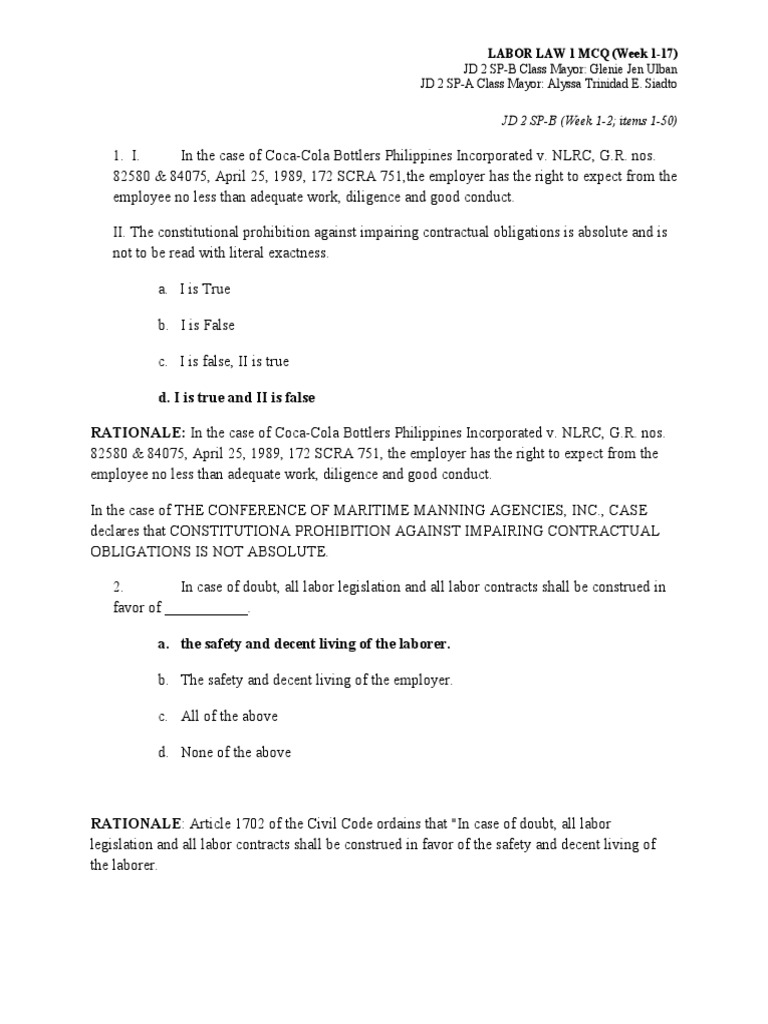 LABOR LAW MCQs Week 1 17 | PDF | Employment | Labour Law