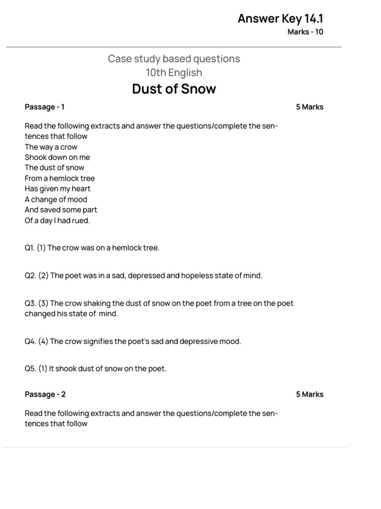 Dust of Snow MCQ Answer | PDF