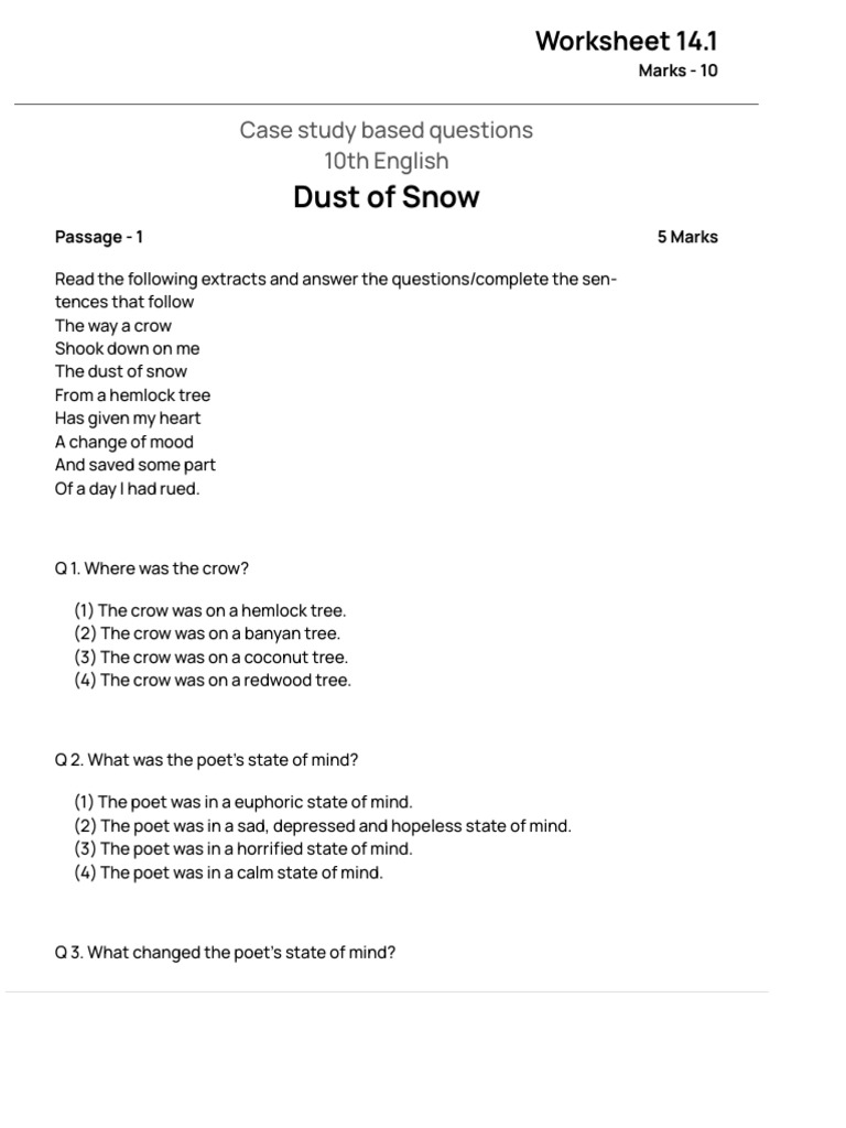Dust of Snow Case Study Questions | PDF | Writers | Poets