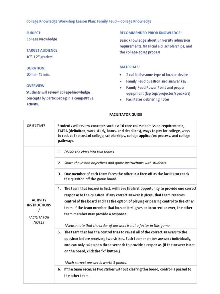Family Feud College Knowledge Bowl Edition Facilitator Guide | PDF | Student Financial Aid In ...