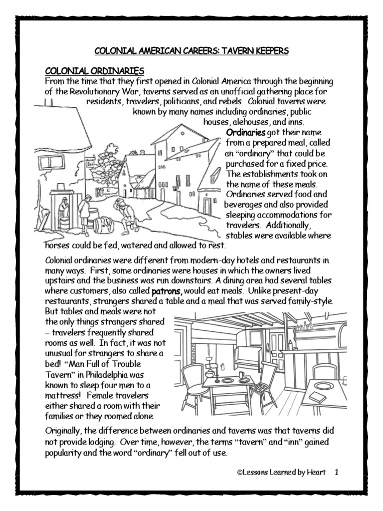 Colonial American Careers: Tavern Keepers: ©lessons Learned by Heart 1 ...