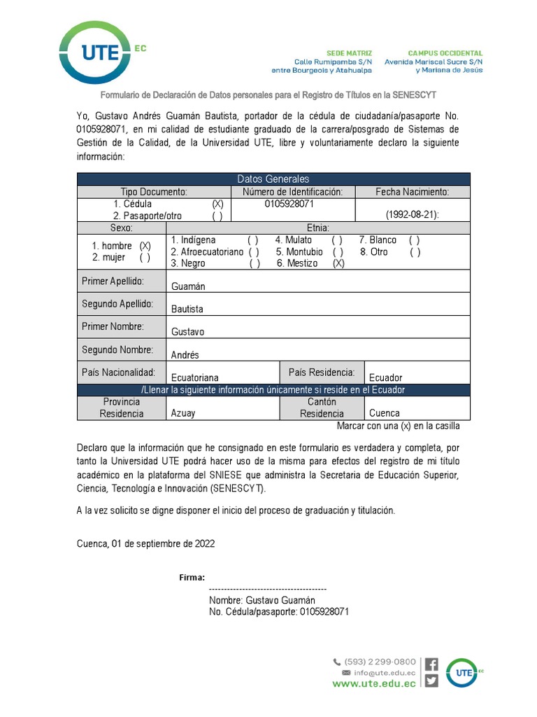 Formulario de Datos Personales SENESCYT | PDF