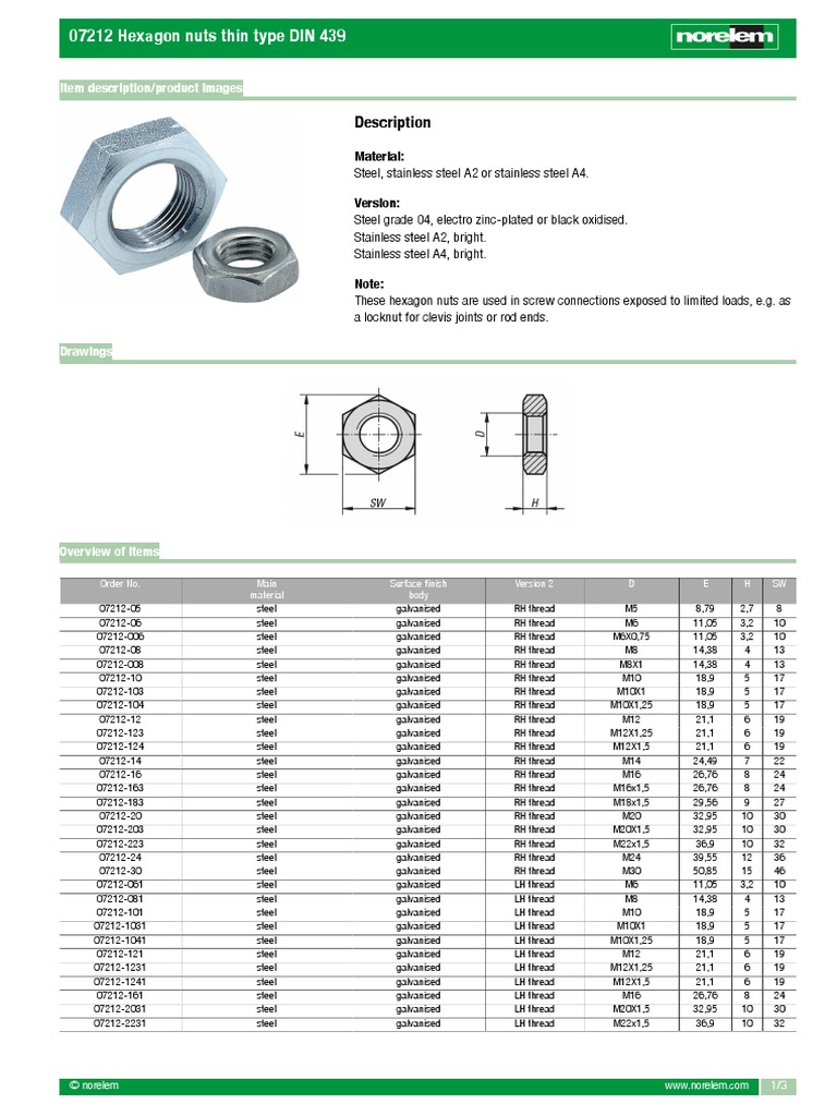 Hexagon Nuts Thin Type DIN 439 | PDF | Galvanization | Building Materials